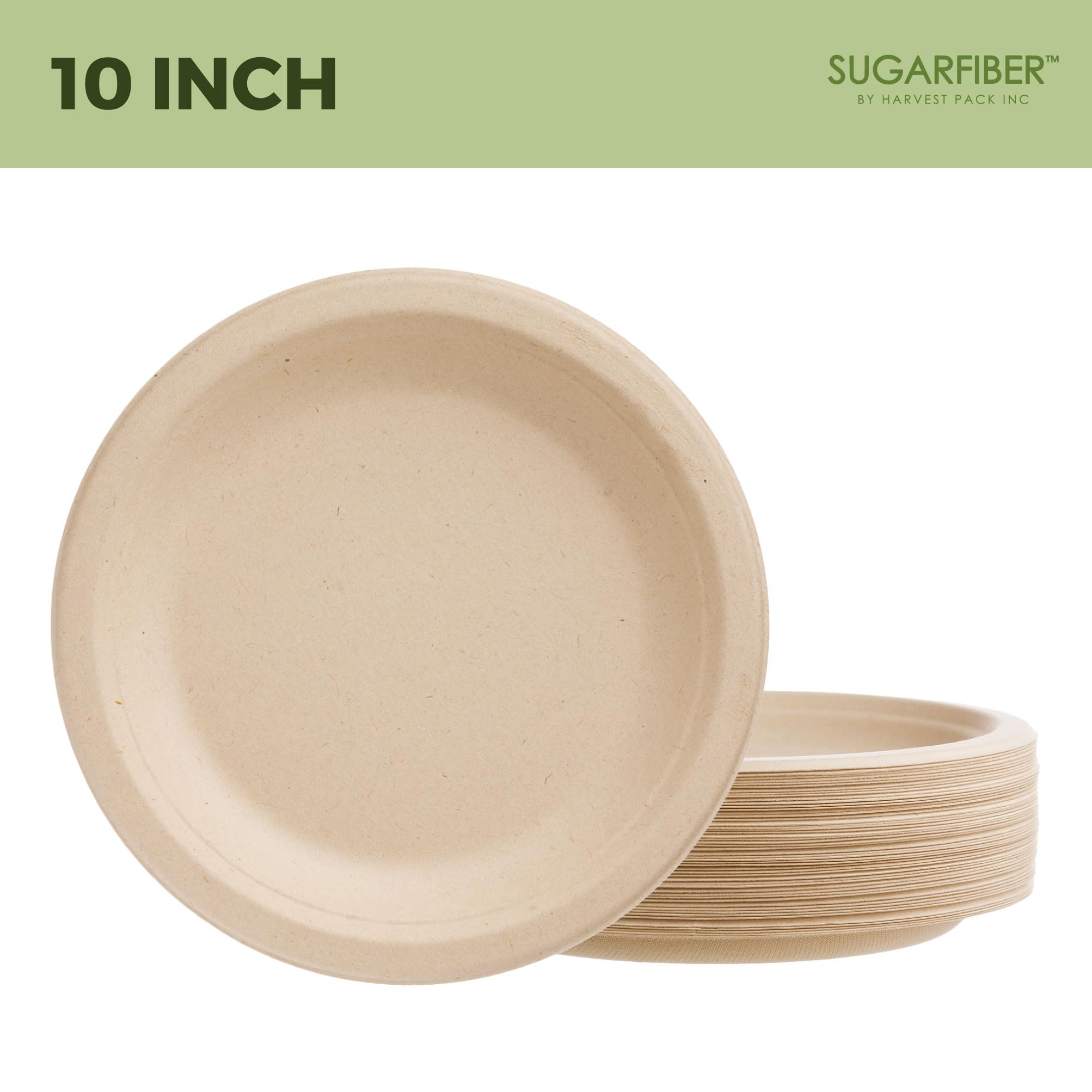 [500 COUNT]Sugarfiber by Harvest Pack 10-inch Round Disposable Compostable Paper Plates, Heavy-Duty Natural Bagasse Biodegradable Plate, Made From Eco-Friendly Sugarcane Plant Fibers