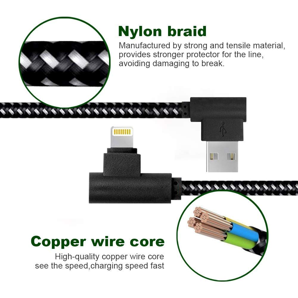 [3 Pack] Right Angle Charging Cable Nylon Braided 90 Degree Elbow for Game Video Watch Compatible with iPhone Xs Max/XS/XR/7/7Plus/X/8/8Plus/6S/6S Plus/SE (3ft, Black White)