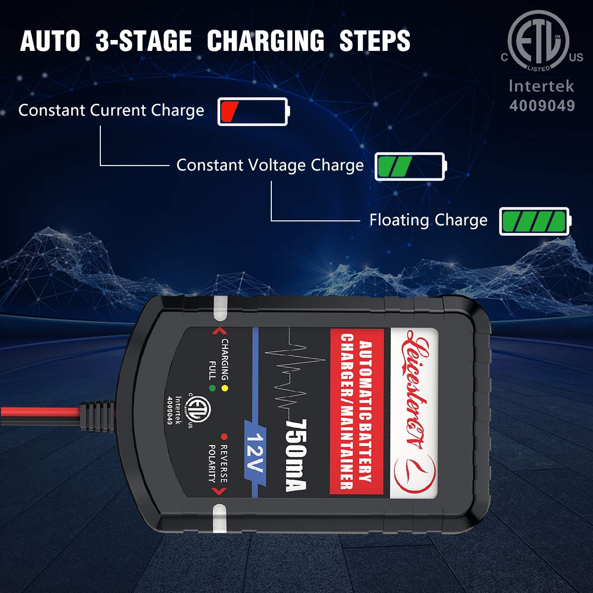 [4-Pack] LEICESTERCN Automatic Trickle Battery Charger Maintainer 12V 750mA Smart Float Charger for Car Motorcycle Lawn Mower Tractor Boat SLA ATV Wet AGM Gel Cell Lead Acid Batteries