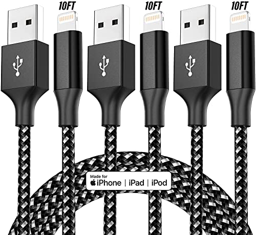 [Apple MFi Certified] 3Pack 10FT Nylon Braided Lightning Cable Fast Charging Cord Compatible with iPhone 13 12 11 Pro Max XR XS X 8 7 6 Plus SE and More