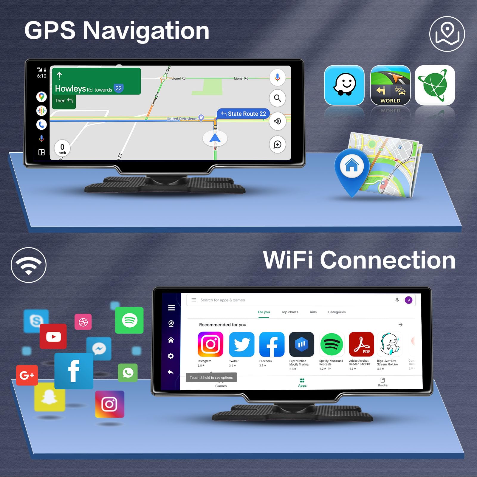 [4G+64G] Android 13 Car Stereo Portable Wireless Apple CarPlay & Android Auto Car Screen, 10.26 Inch HD Touchscreen Portable Car Radio with GPS Navigation WiFi Bluetooth Voice Control