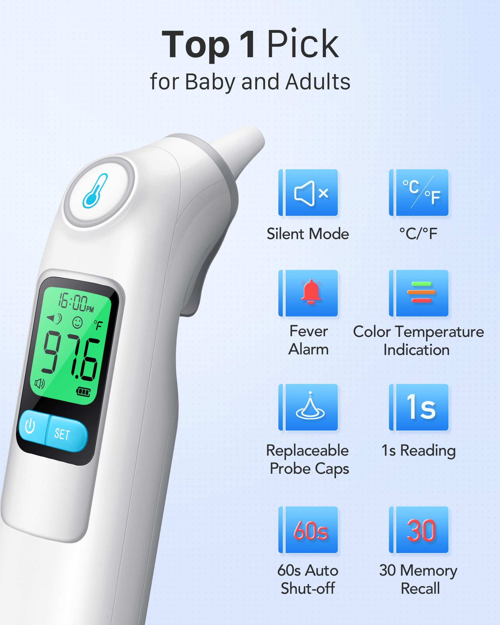 [Ear Thermometer Kit ] Femometer Family 1015 Ear Thermometer and 96X Probe Covers