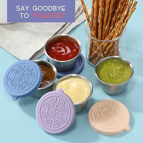 [6 Pack] Salad Dressing Container To Go, 1.6 oz Small Condiment Containers with Lids, Reusable Stainless Steel Sauce Cups Containers, Leakproof Silicone Lids for Lunch Bento Box, Picnic and Travel