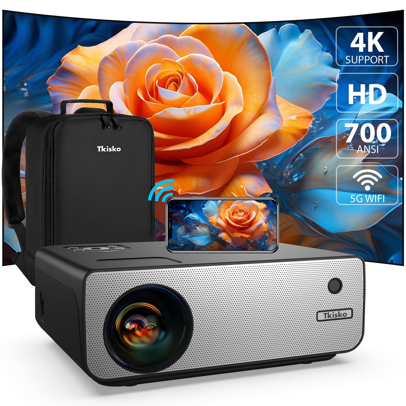 [Electric Focus] Projector with Wifi and Bluetooth, 700 ANSI Portable Outdoor Projector 4K, Tkisko Native 1080P Movie Projector Outdoor Use, Compatible with iOS/Android/TV Stick