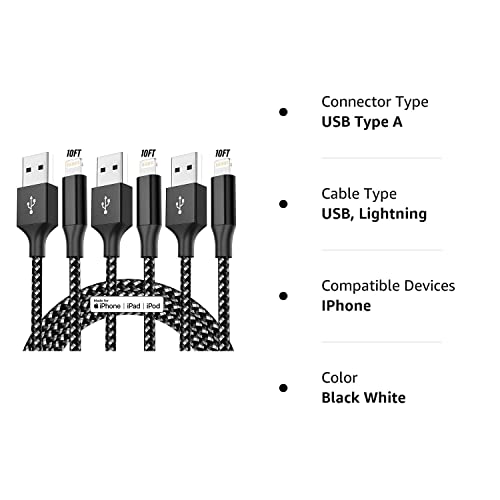 [Apple MFi Certified] 3Pack 10FT Nylon Braided Lightning Cable Fast Charging Cord Compatible with iPhone 13 12 11 Pro Max XR XS X 8 7 6 Plus SE and More