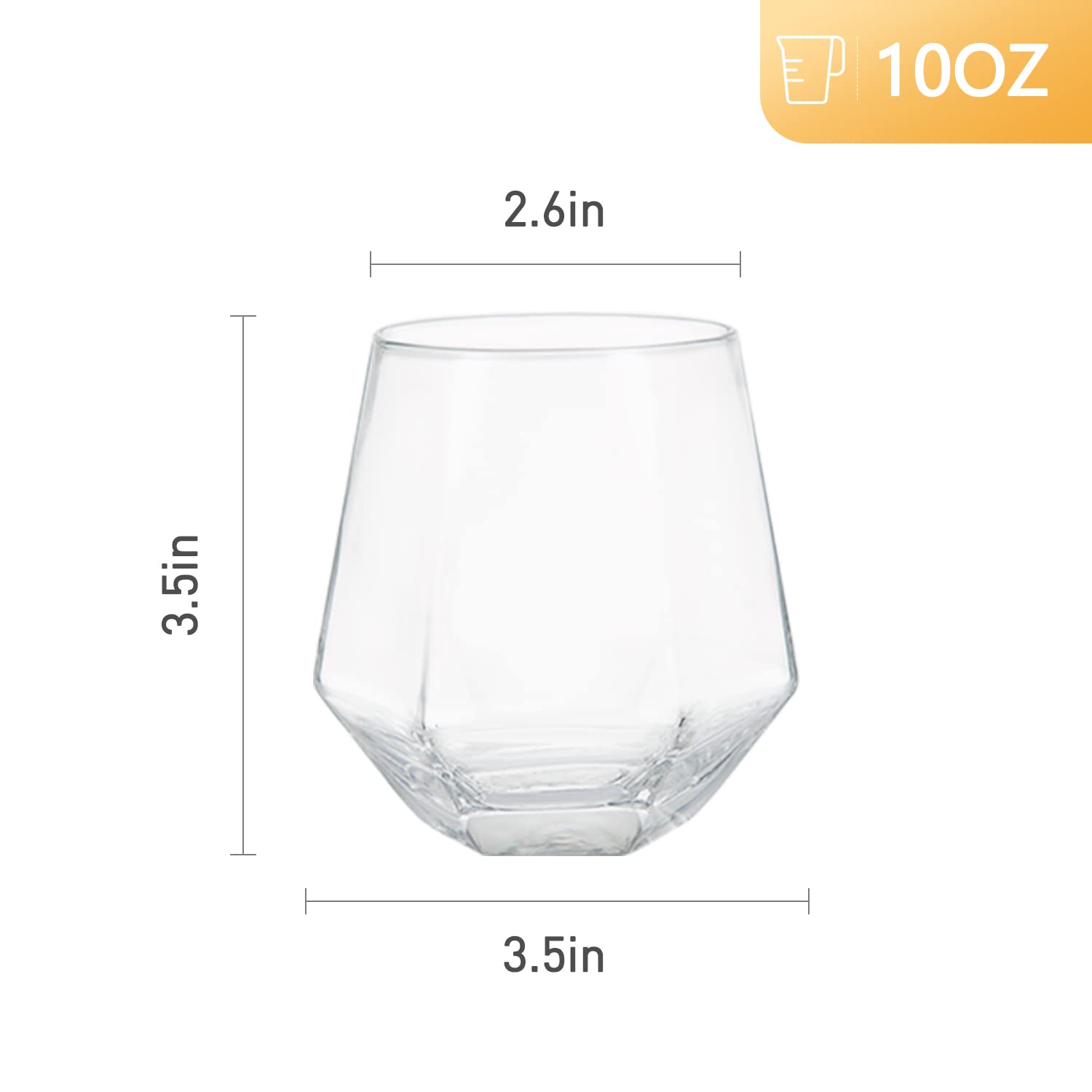 [6-Pack,10 Oz] Design·Master- Diamond Wine Glasses, Stemless Wine Glasses, Diamond Whiskey Glasses, Drinking Glasses, Ideal for Red and White Wine,Kitchen Glassware, Wedding and Party Gifts