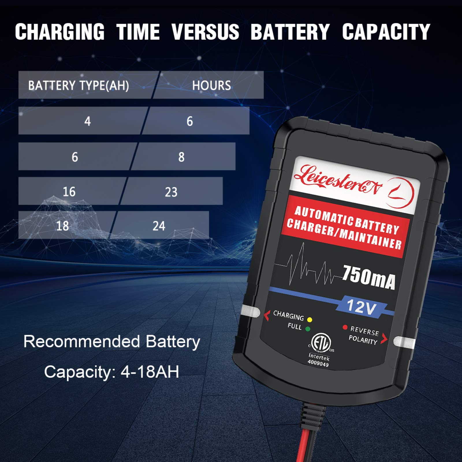 [4-Pack] LEICESTERCN Automatic Trickle Battery Charger Maintainer 12V 750mA Smart Float Charger for Car Motorcycle Lawn Mower Tractor Boat SLA ATV Wet AGM Gel Cell Lead Acid Batteries