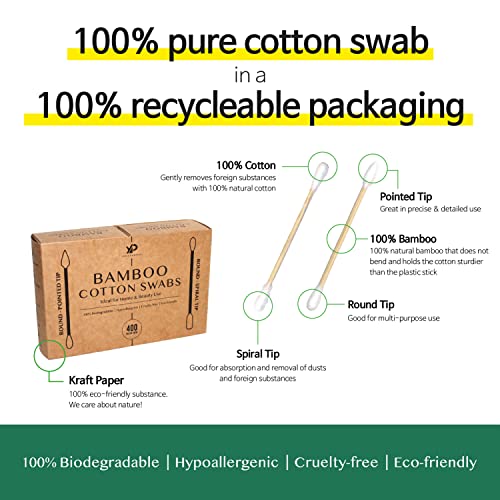 [3-in-1] 400 pcs Bamboo Cotton Swabs - 대나무 면봉, 더블 팁, 친환경 - Round & Pointed & Spiral Double tips - 100% Biodegradable Organic wooden stick, Plastic-Free, Eco-friendly by Yplus