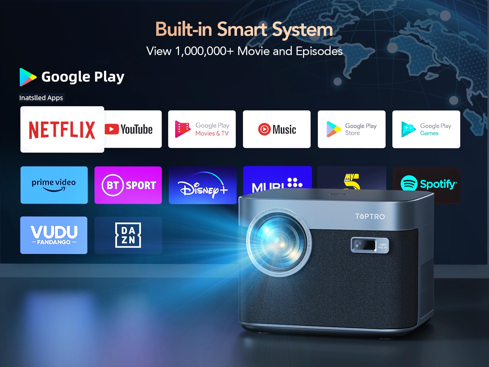 [Auto Focus/Keystone] TOPTRO X7 Android TV Projector with WiFi and Bluetooth, Smart Projector 4K Supported, 600 ANSI, Dust-proof, 50% Zoom, Outdoor Projector with Netflix/YouTube Built-in, 8000+ Apps