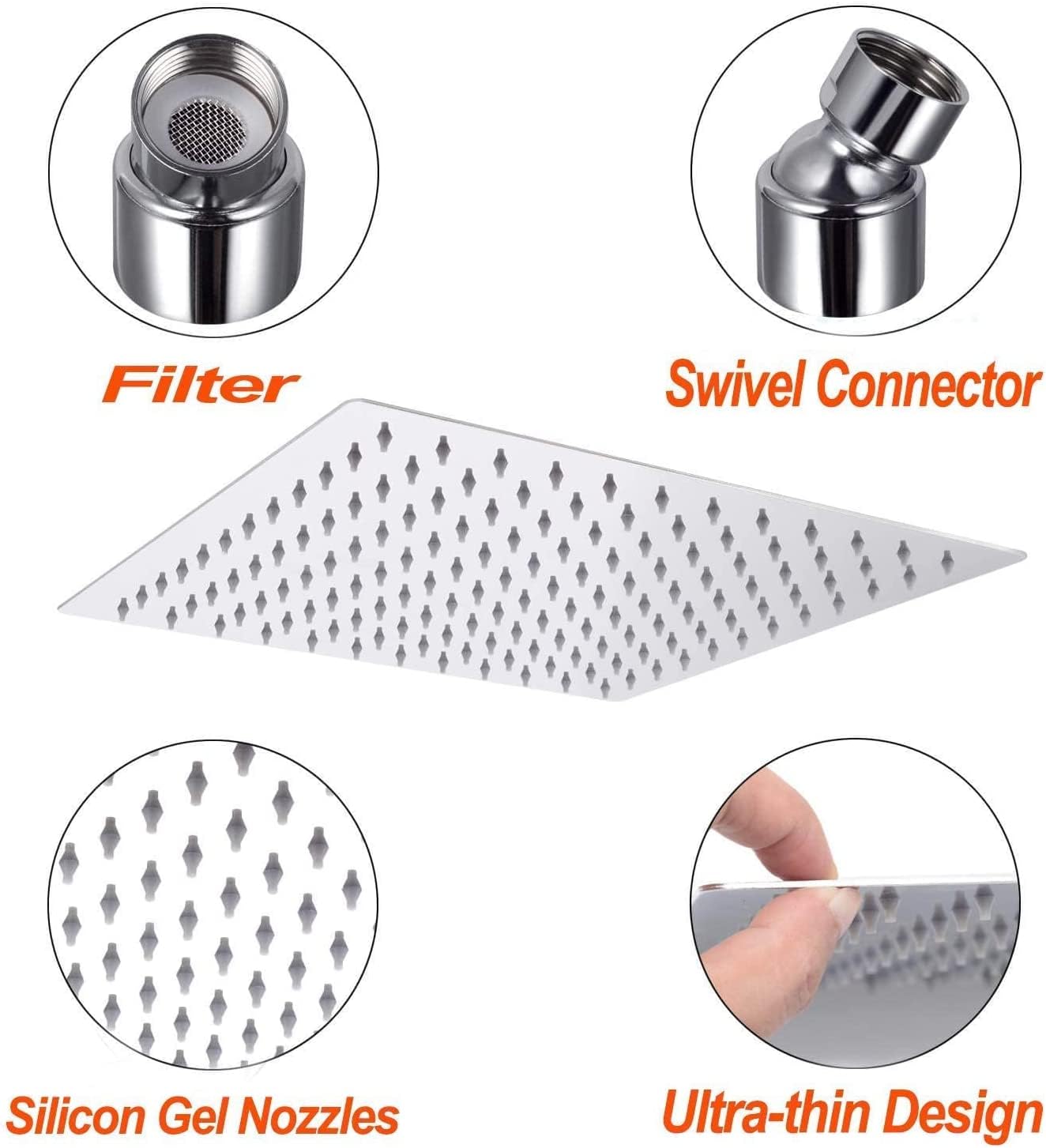 [5-year Warranty] Diamber Best Rain Shower Head 12 inch, SUS 304 Stainless Steel Rainfall Showerhead, Easy to Install & Clean Waterfall Rain Head for Bathroom, Polished Chrome, Square