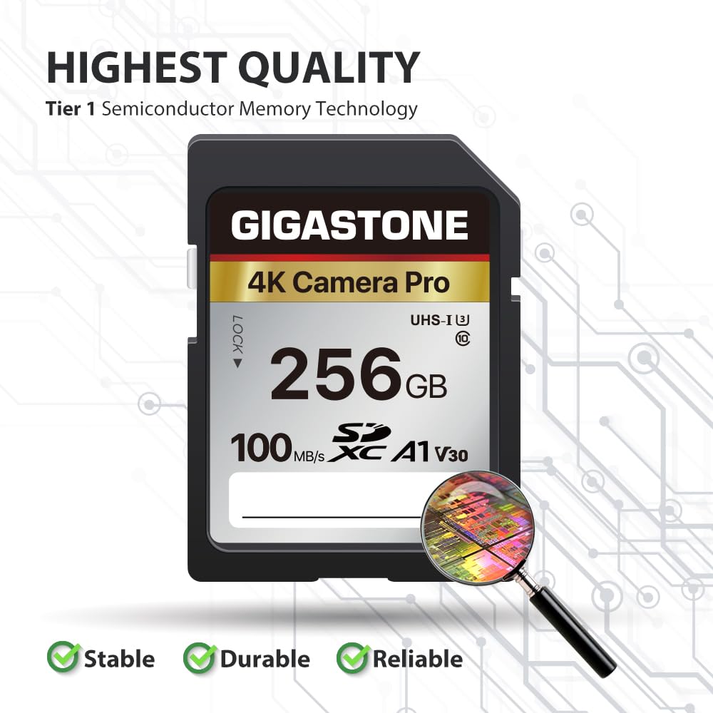 [5-Yrs Free Data Recovery] GIGASTONE 256GB 2-Pack SD Card, 4K Camera Pro, A1 V30 SDXC Memory Card 4K UHD Video Compatible with Canon Nikon Sony Panasonic Digital Camera, with 2 Mini Cases