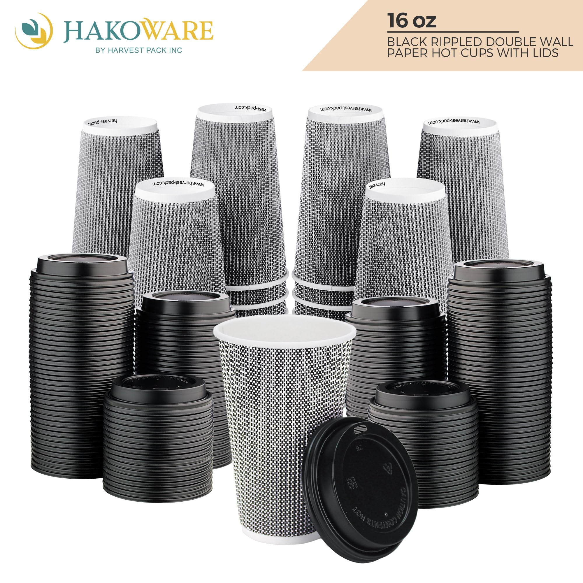 [85 SET]Harvest Pack 16 oz Disposable Coffee Cups, Insulated Ripple Double-Walled Paper Cup with Lid, Black and White Geometric, Tea Hot Chocolate Drinks To go coffee cups