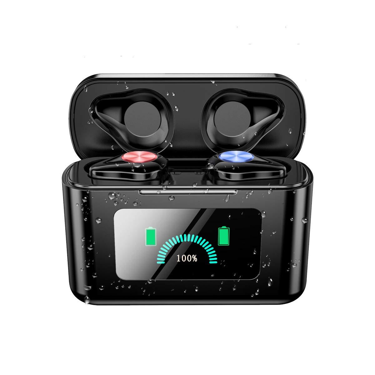 [Bluetooth 5.0 LCD Screen Electricity Display 260h Continuous Playback] Bluetooth Earphone Wireless Earphone 4000mAh with Charging case Hi-Fi AAC Compatible IPX7/Siri iPhone&Android Black