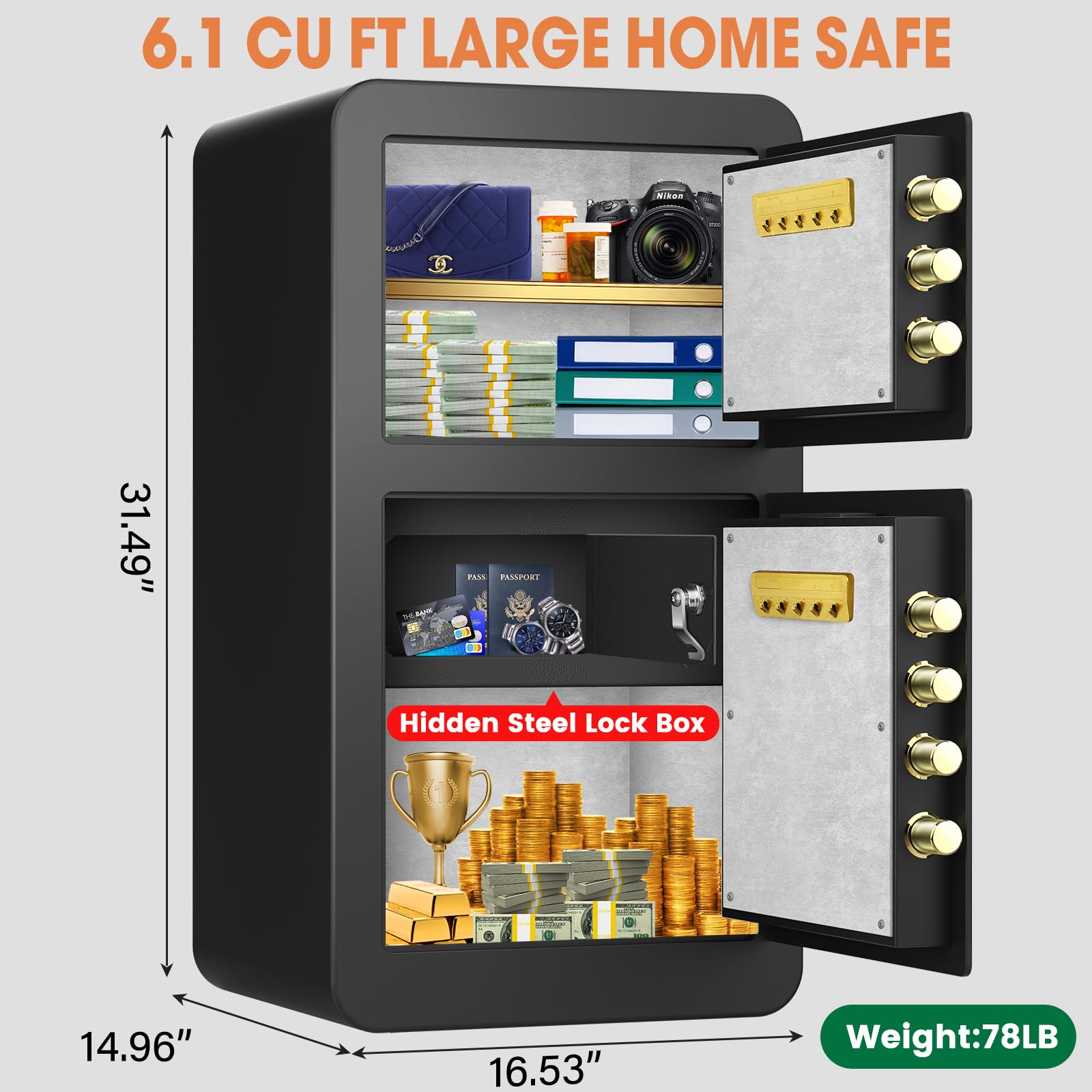 [2023 Upgraded] 6.1 Cu ft Large Home Safe Box Fireproof Waterproof with [DOUBLE SAFES], Heavy Duty Fire proof Safes for Home Use with Hidden Lock Box, Digital Security Safe for Money Firearm Medicine