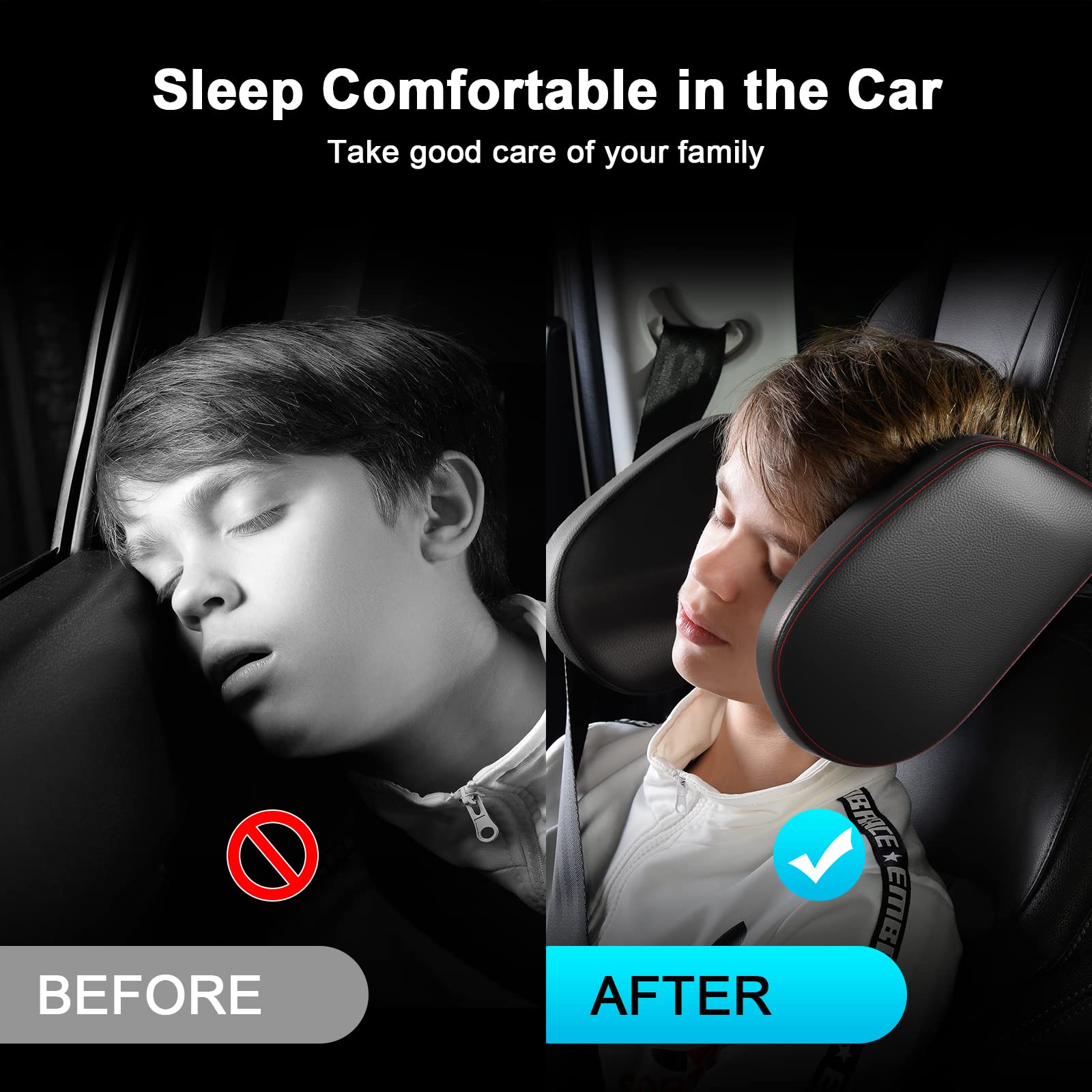 [Extended Edition] Car Headrest Pillow for Kids, Buluby Premium Sleeping Head & Neck Support for Rear Seat Passengers -Black