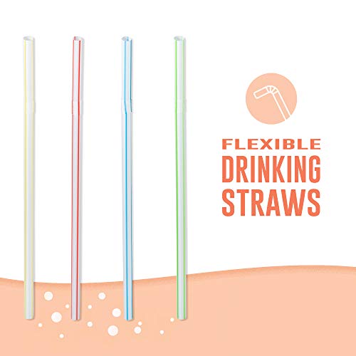[500 Pack] Striped Flexible Plastic Drinking Straws Disposable Straw 8'' inches Tall Assorted Colors