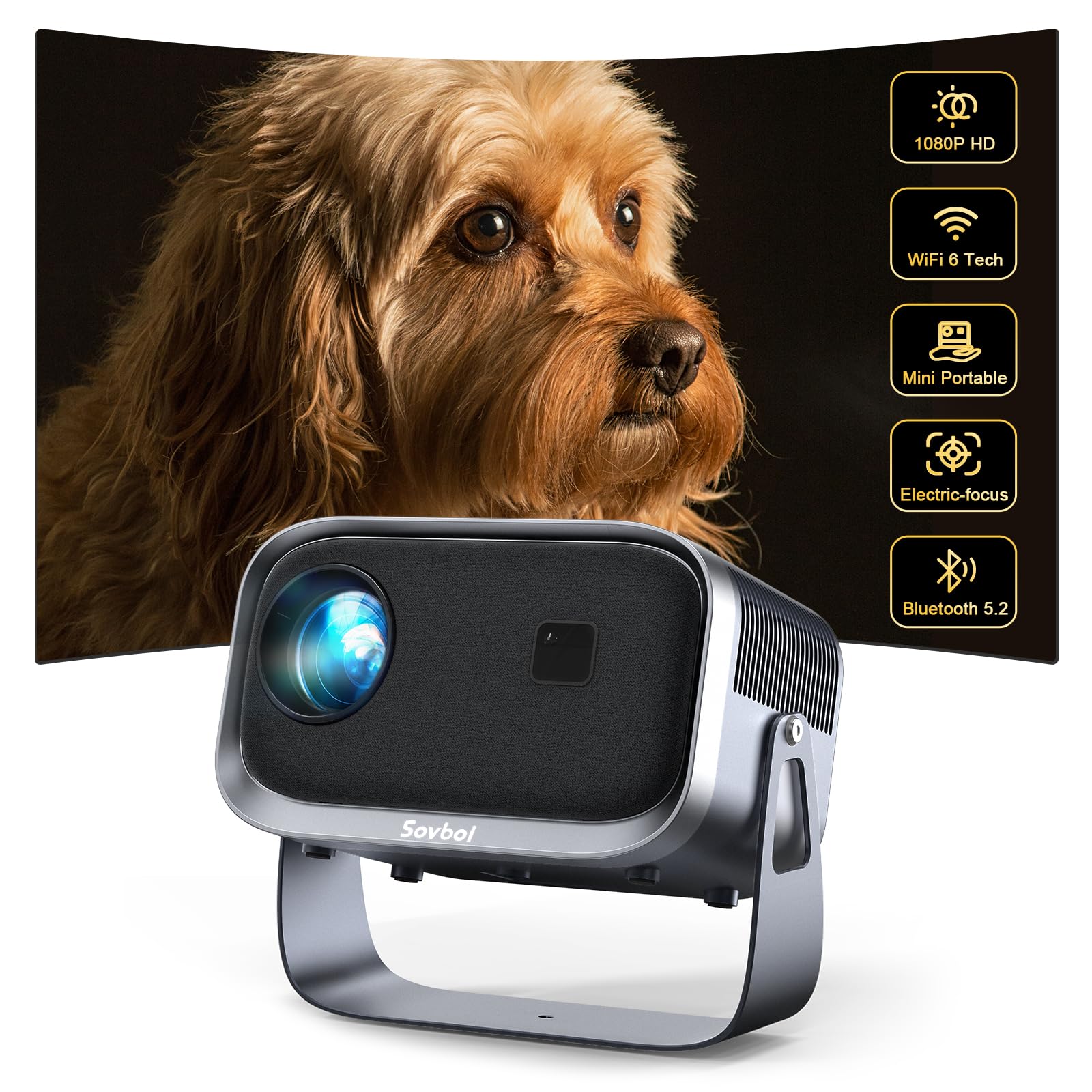 [Electric-Focus] Projector, Sovboi Mini Portable Projector 1080P FHD, Outdoor Projector With 5G WiFi and Bluetooth, 15000 Lumens, ±45° Keystone Correction, Home Theater Projector, Latest Model VB6