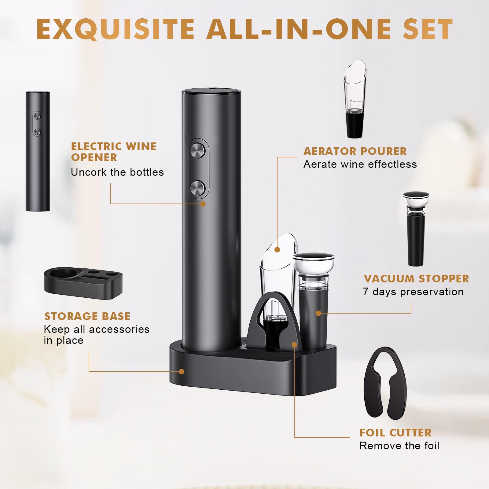 [5-IN-1] Electric Wine Opener, Battery Operated Wine Bottle Opener with Foil Cutter, Wine Aerator, Vacuum Stopper&Storage Base, Automatic Corkscrew, Ideal Wine Accessories for Wine Lovers, Matt Black