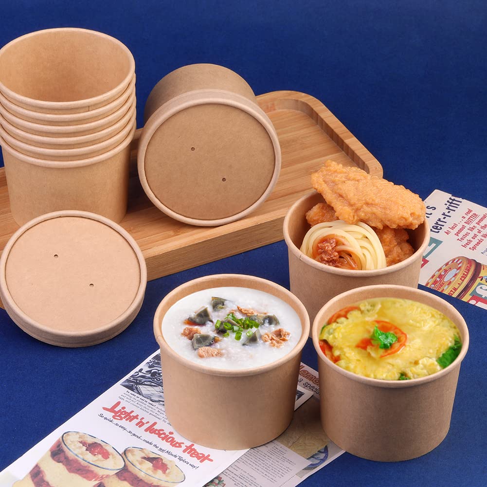 [50 Pack] 12 oz Paper Soup Cups with Lids, Disposable Kraft Paper Soup Bowls, Paper Soup Containers To Go, Ice Cream Containers For Dessert Yogurt Ice Cream