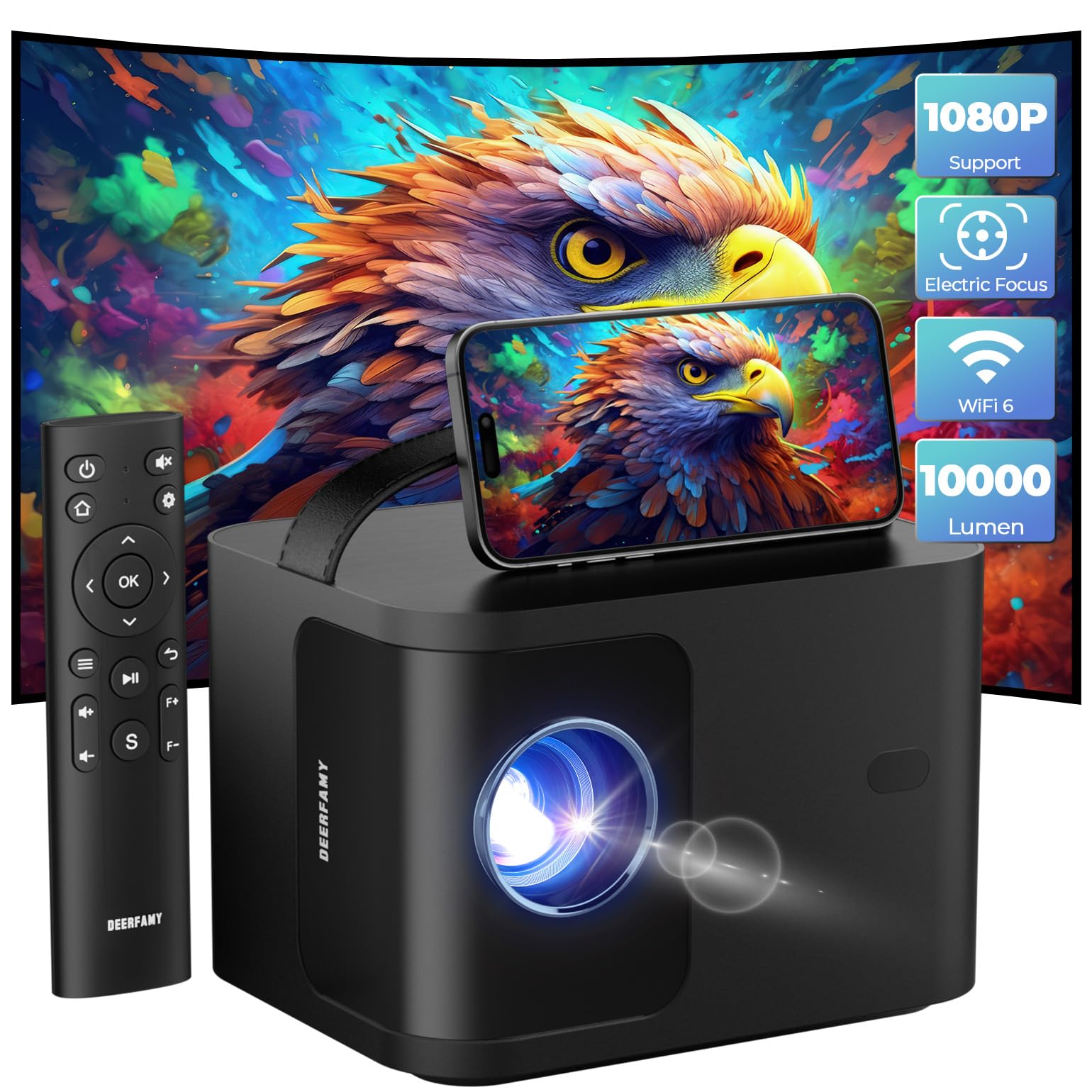 [Electric Focus] Mini Projector 5G WiFi DEERFAMY A89, 10000 Lumens Support Full HD Portable Video Projector, ±40° Vertical Keystone Correction | Zoom | Timer, Smartphone Projector for Outdoor Movie