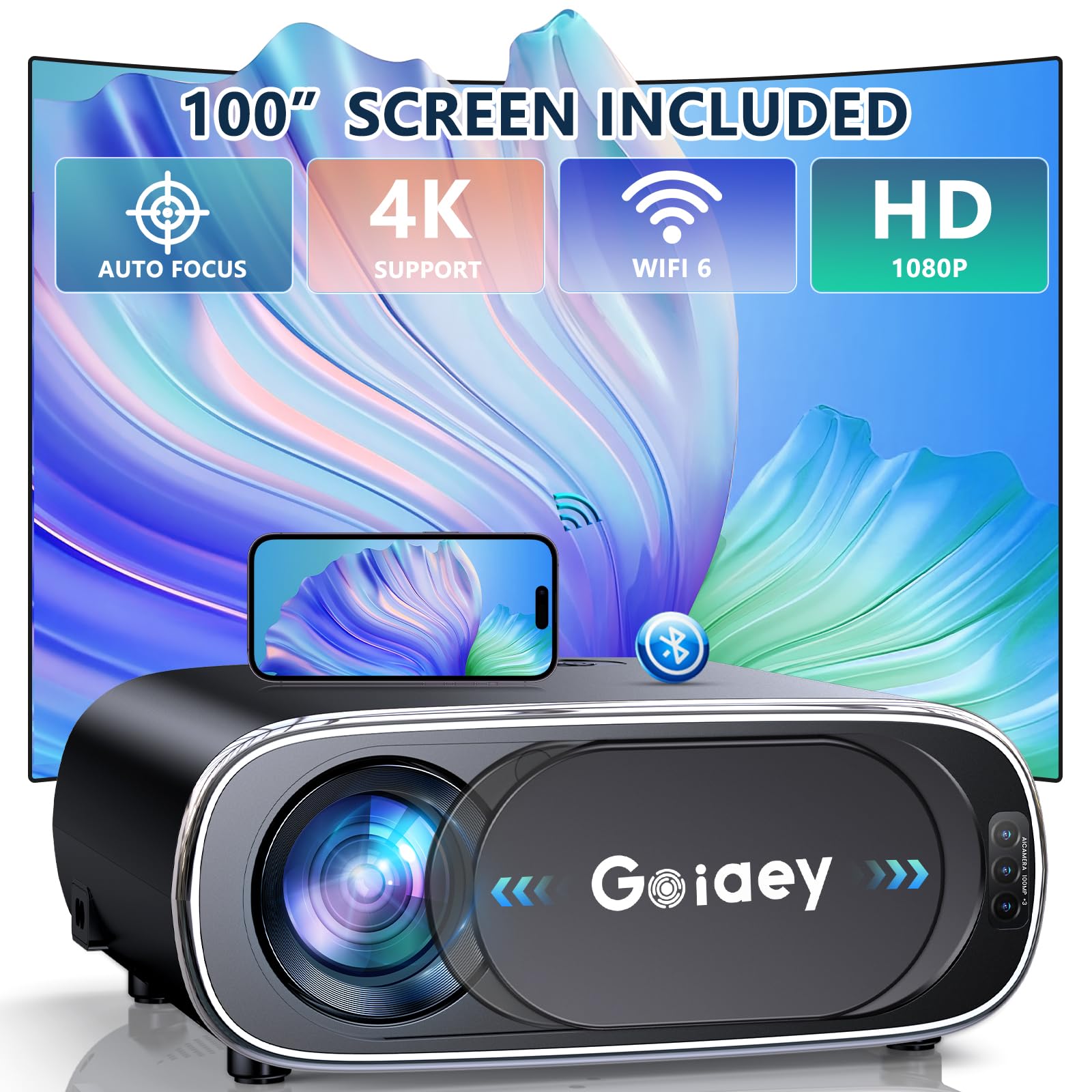 [Auto Focus] Projector with WiFi-6 and Bluetooth 5.2, 680 ANSI Outdoor Projector 4K, Goiaey Native 1080P Movie Video Projector, Auto 6D Keystone & 50% Zoom, Smart Home Projector for Phone/PC/TV Stick