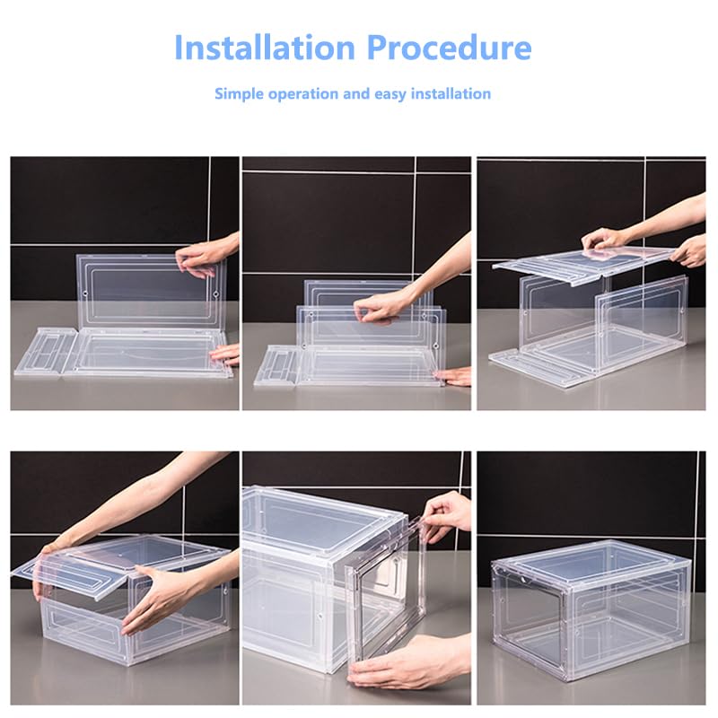 [6 Pack] Shoe Storage Box, Clear Plastic Stackable Shoe Organizer for Closet, Fit up to US Size 12 - Thicken and Sturdy with Magnetic Door - Foldable Space-Saving Shoe Rack for Sneakers