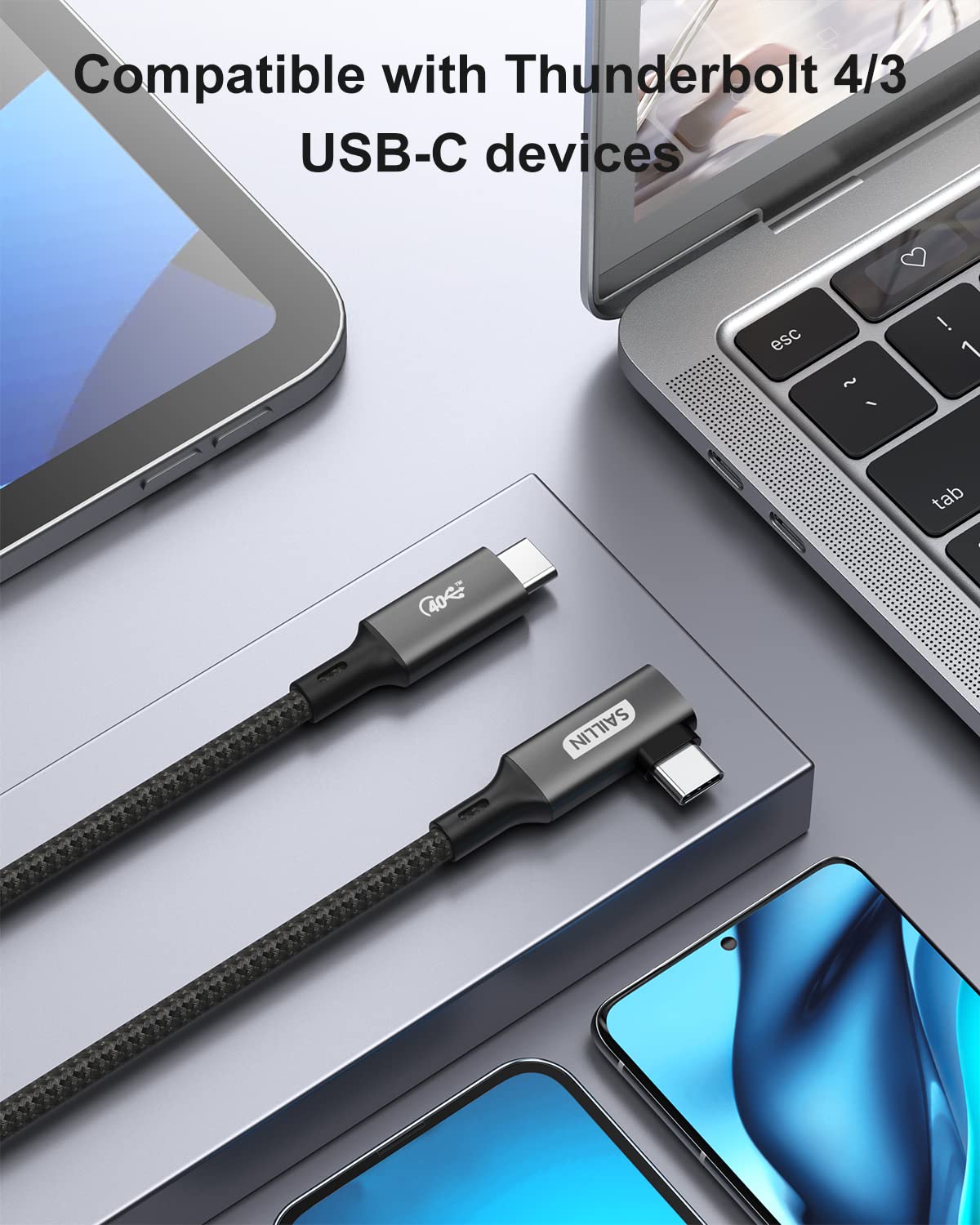 [6ft] Right Angle USB4 Compatible with Thunderbolt 4 Cable, SAILLIN 90 Degree USB4 Cable 40Gbps with 100W Charging, 5K@60Hz or Dual 4K Video for Thunderbolt 3/MacBook Pro/Apple Studio Display/eGPU