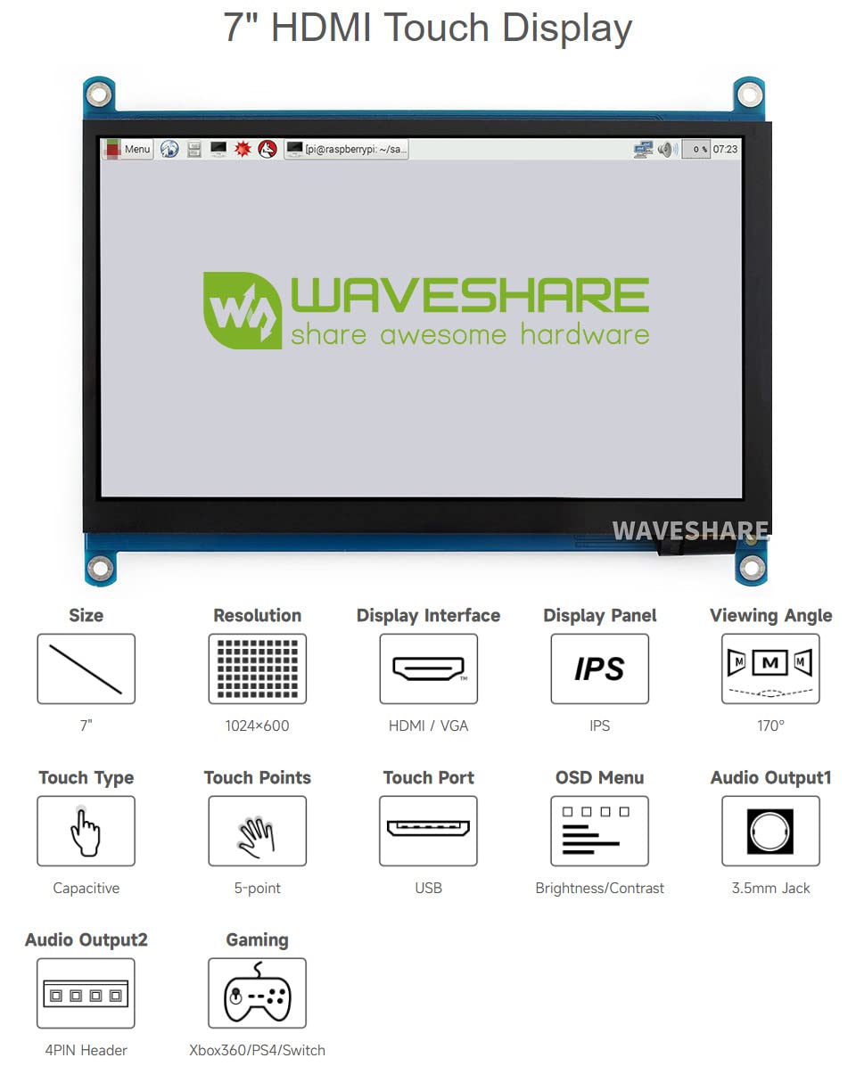 [Latest Version] Waveshare 7inch Capacitive Touch Screen LCD Monitor for RPi 400 4 3 Model B Compatible with All Versions of Raspberry Pi Windows with HDMI/VGA Port