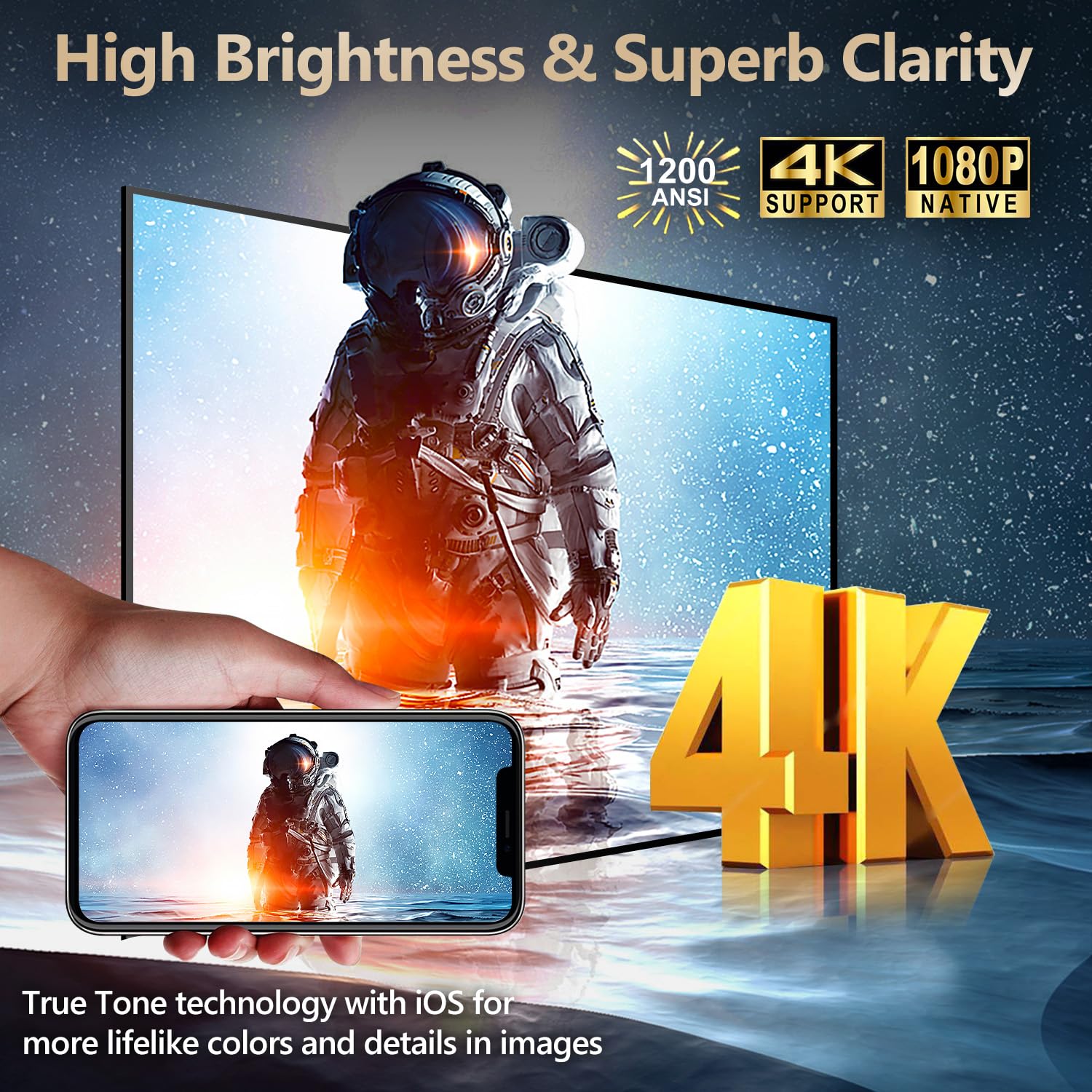 [Auto Focus+Keystone & 1200ANSI] Smart Daylight Projector 4K with WiFi6 & Two-way Bluetooth,Android TV Projector Streaming Apps,Ceiling Native 1080P Outdoor Movie Projector with 100" Anti-light Screen