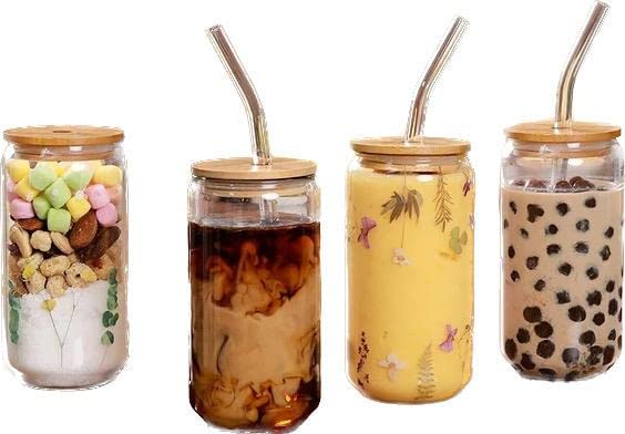 [4 pc set] Can Shaped Drinking Glass Cups with Bamboo Lid, Glass Straw, and Cleaning Brush. High Borosilicate Glass Material. Excellent for smoothies, soda and iced coffee.