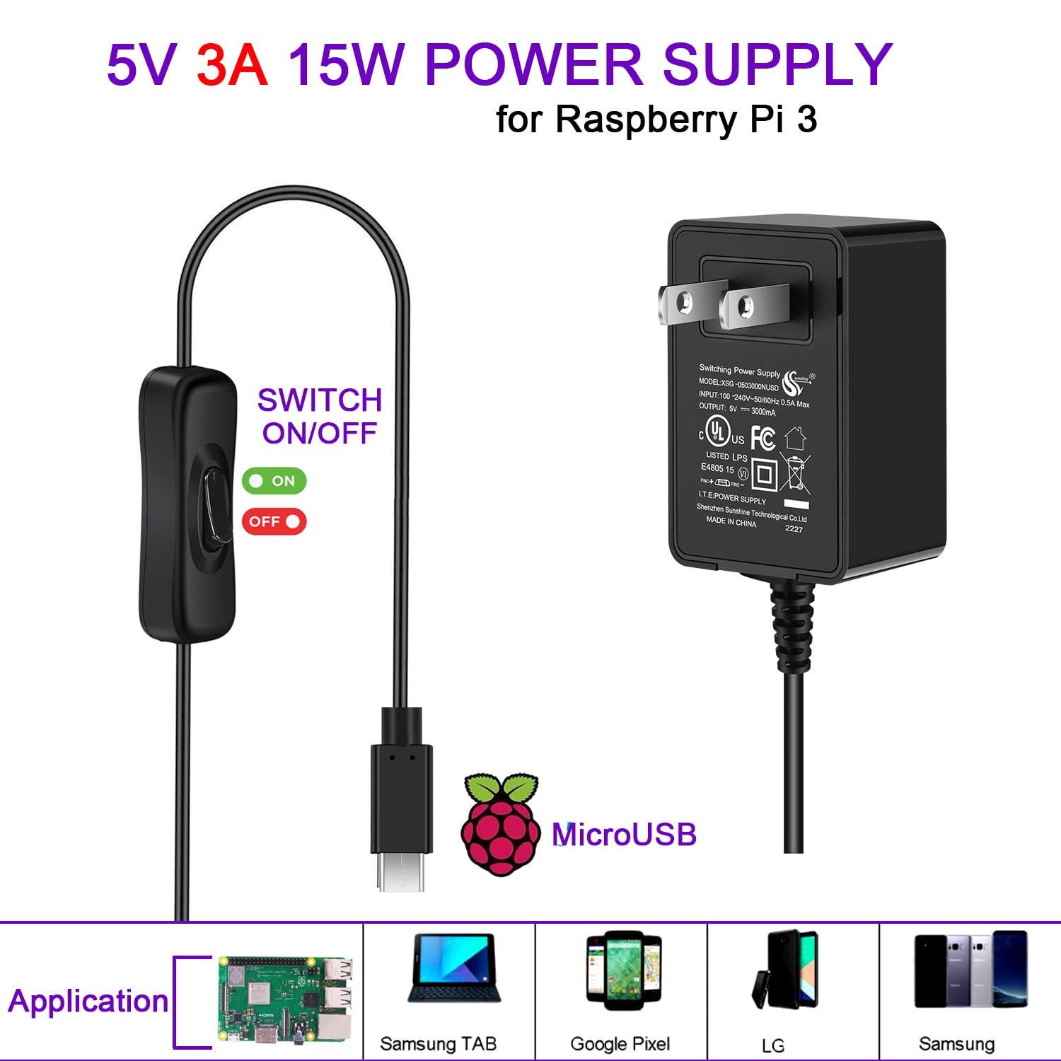 [5V 3A 15W] Raspberry Pi 3 Case, iUniker Pi 3 b+ Case, Raspberry Pi 3 Power Supply with Switch Raspberry Pi Power Supply (UL Listed)