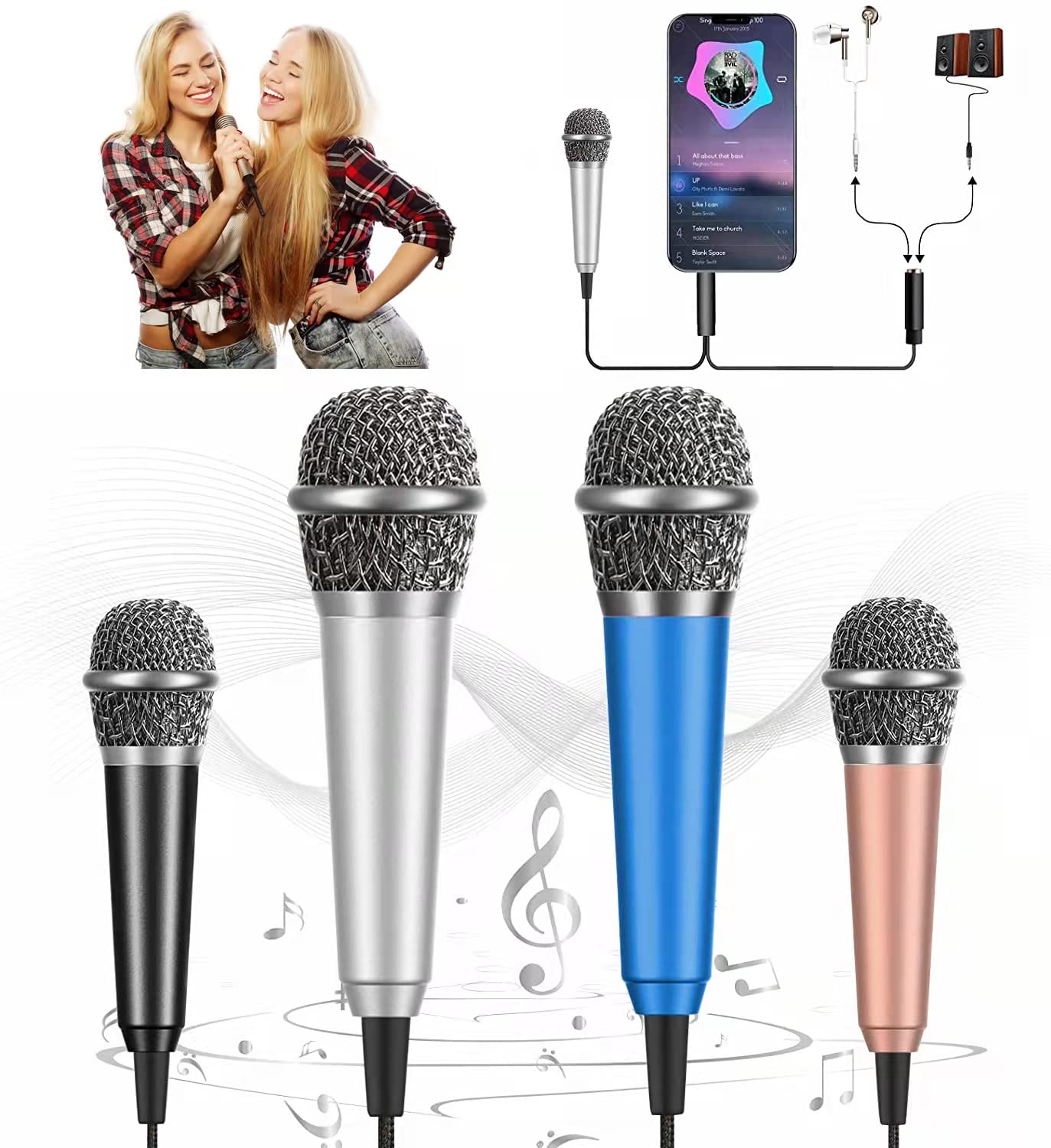 [2PCS] Mini Microphone,Tiny Microphone,Mini Karaoke Microphone for Mobile Phone Laptop Notebook Apple iPhone Sumsung Android with Holder Clip (Silver/Blue)