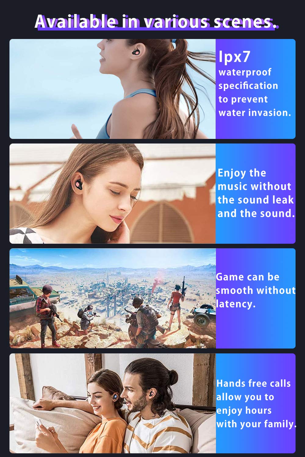 [Bluetooth 5.0 LCD Screen Electricity Display 260h Continuous Playback] Bluetooth Earphone Wireless Earphone 4000mAh with Charging case Hi-Fi AAC Compatible IPX7/Siri iPhone&Android Black
