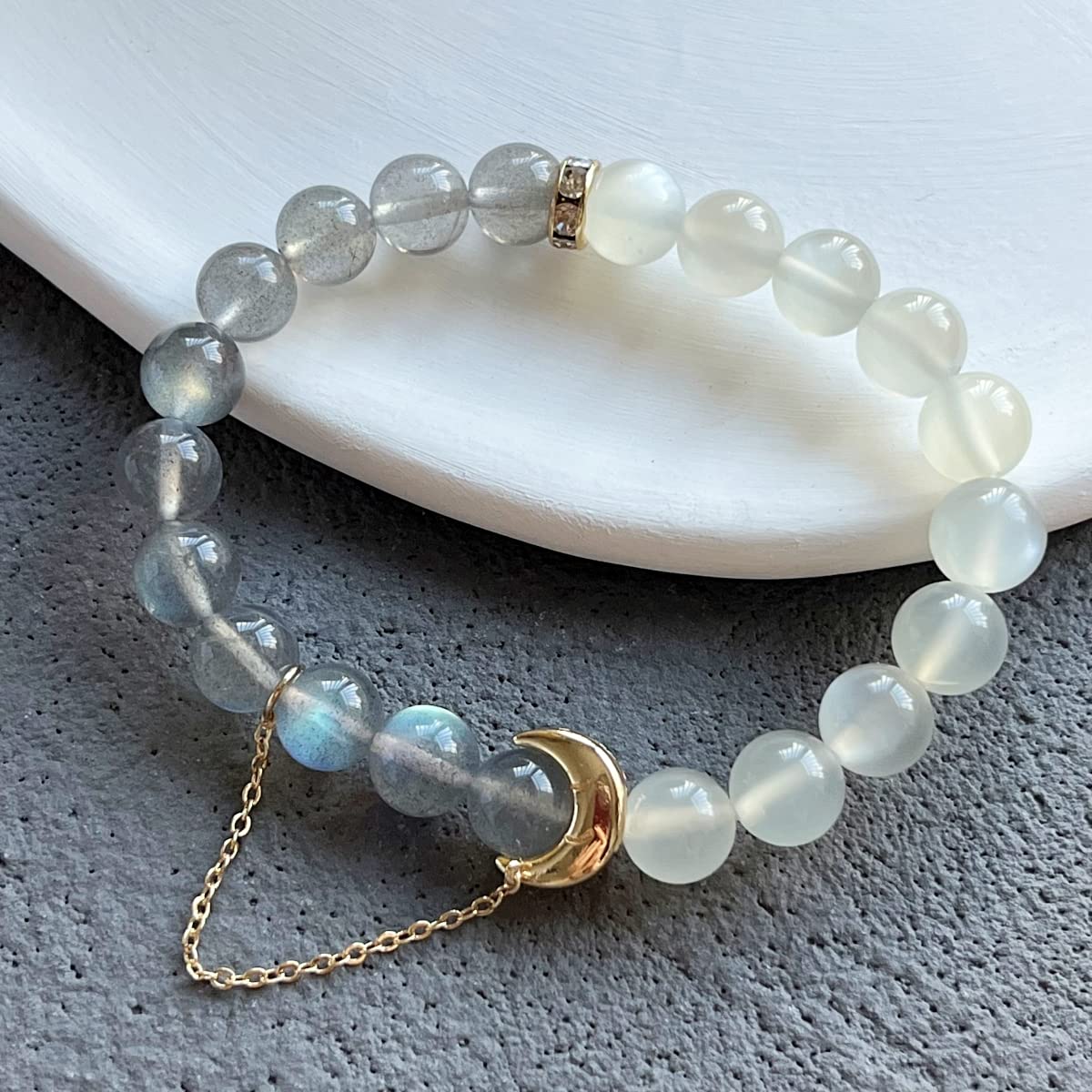 [Amber Crystal] Women Healing Chakra Gray White Moonstone 18K Gold Moon Chain Natural Lucky Crystal Beads Elastic Bracelet, 6inch(Wrist Circumference)