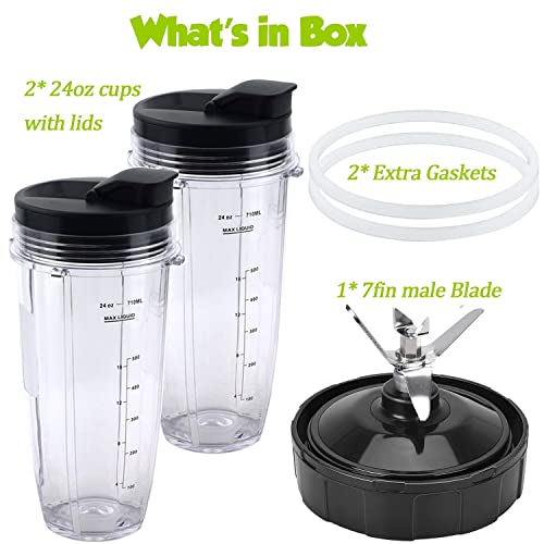 [New Model] Replacement 7 Fins Male Blade&24oz Blender Cups Compatible For Nutri Ninja Auto iQ Blender [4 Inch Male 7 Fins Blade]