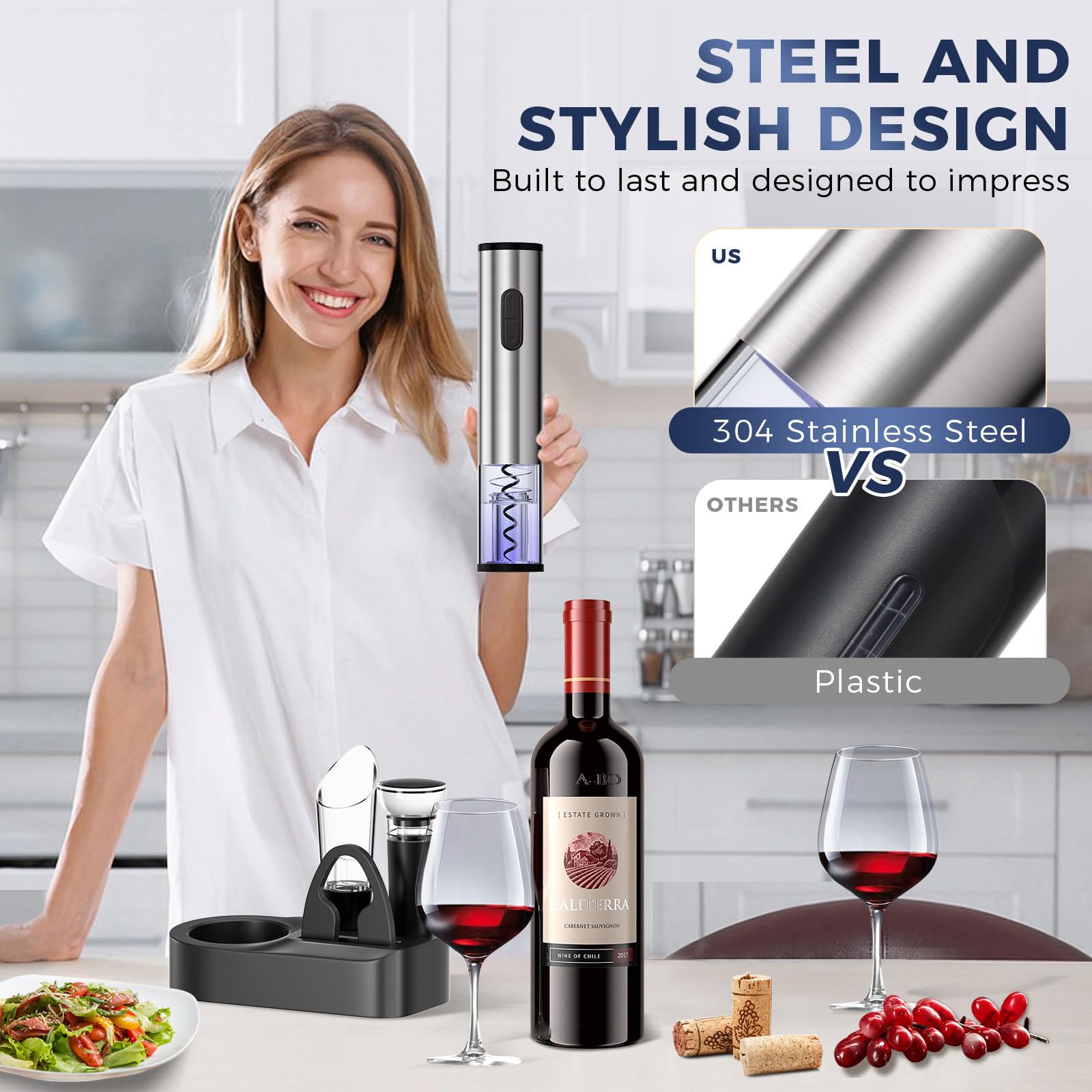 [6-IN-1] Electric Wine Opener, Battery Operated Wine Bottle Opener with Foil Cutter, Wine Aerator, Vacuum Stopper, Storage Base & Carrying Case, Ideal Wine Accessories for Wine Lovers, Stainless Steel