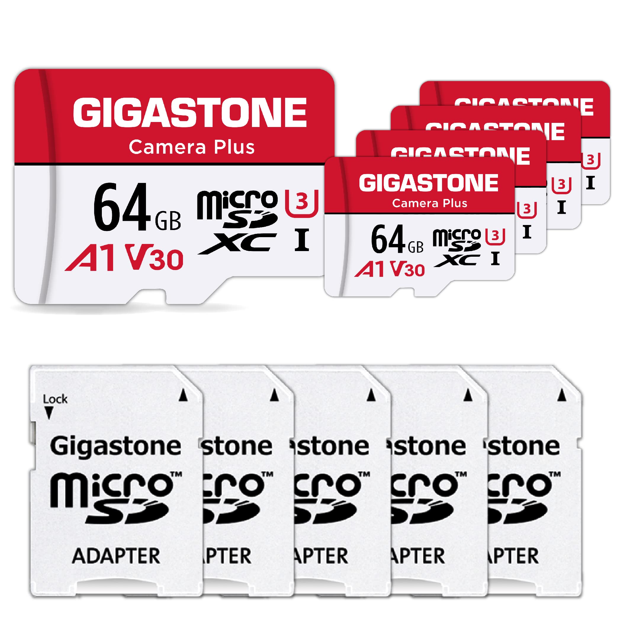 [Gigastone] 64GB 5-Pack Micro SD Card, Camera Plus, MicroSDXC Memory Card for Wyze, Video Camera, Security Camera, Smartphone, Fire tablet, 4K Video Recording, UHS-I U3 A1 V30, 95MB/s, with Adapter