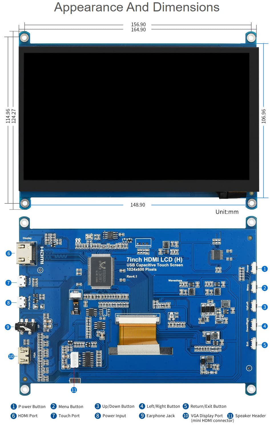 [Latest Version] Waveshare 7inch Capacitive Touch Screen LCD Monitor for RPi 400 4 3 Model B Compatible with All Versions of Raspberry Pi Windows with HDMI/VGA Port