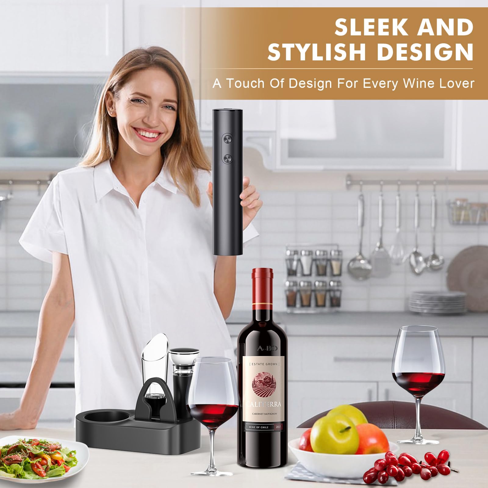 [5-IN-1] Electric Wine Opener, Battery Operated Wine Bottle Opener with Foil Cutter, Wine Aerator, Vacuum Stopper&Storage Base, Automatic Corkscrew, Ideal Wine Accessories for Wine Lovers, Matt Black