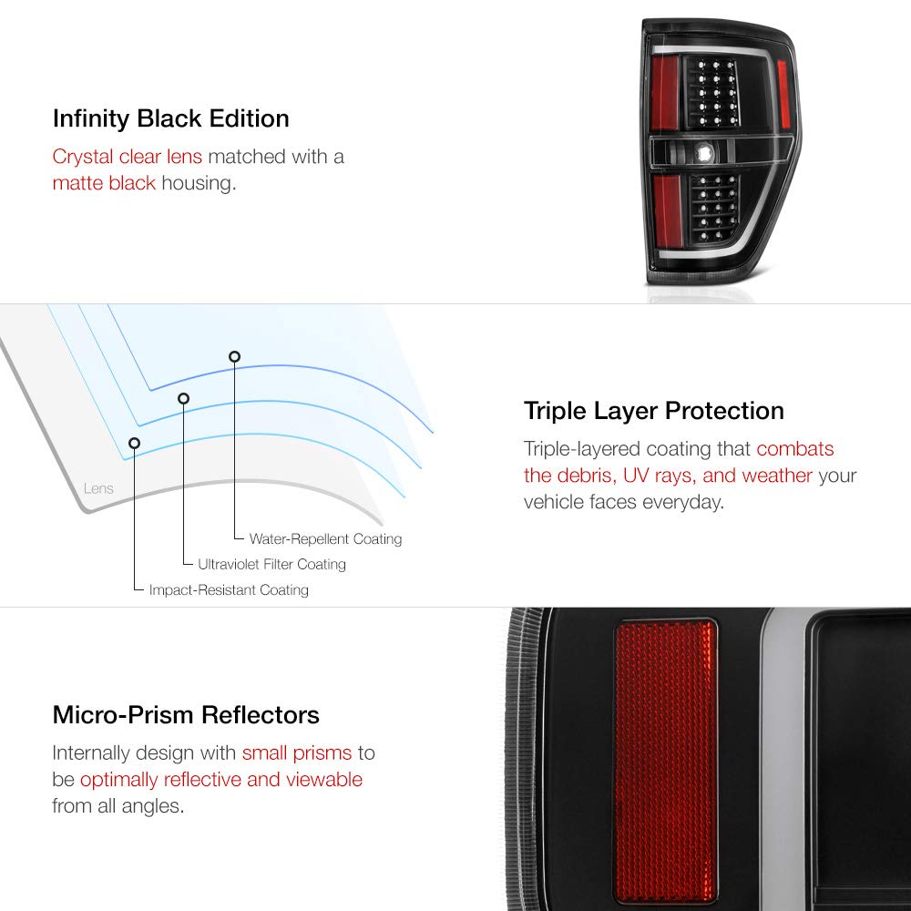 [For 2009-2014 Ford F150 Pickup Truck] Black Housing OLED Tube LED Tail Light Lamp Assembly, Driver & Passenger Side