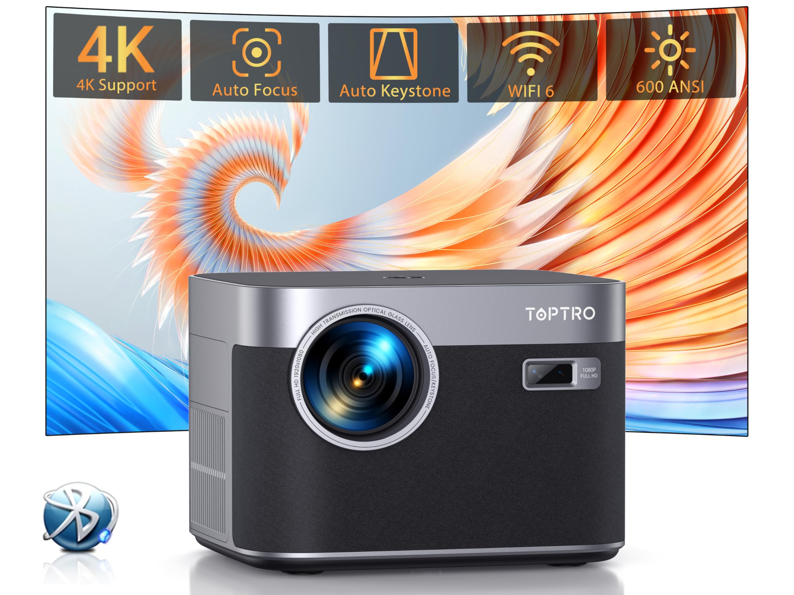 [Auto Focus/Keystone] TOPTRO X7 Android TV Projector with WiFi and Bluetooth, Smart Projector 4K Supported, 600 ANSI, Dust-proof, 50% Zoom, Outdoor Projector with Netflix/YouTube Built-in, 8000+ Apps