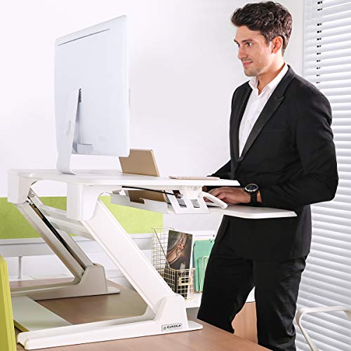 [Upgrade]Eureka Ergonomic V2 Sit To Stand Desk Converter, 36'' Height Adjustable Standing Desk Risers Converters Desktop Stand Computer Workstation Home Office Computer Desk with Keyboard Tray - White