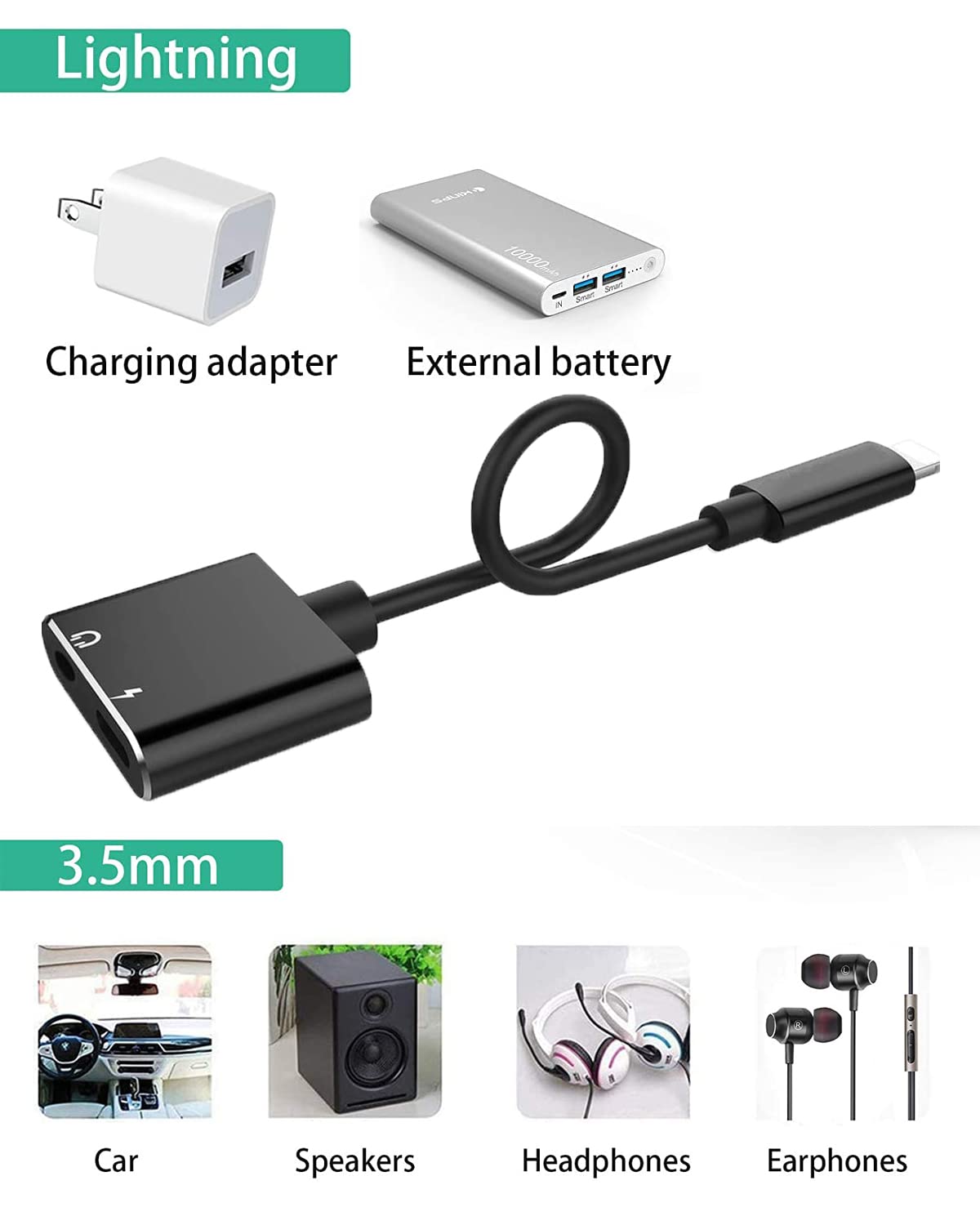 [Apple MFi Certified] iPhone Headphone Adapter, 2 in 1 Lightning to 3.5mm Aux Audio and Charge Jack Adapter Splitter Dongle for iPhone 14 13 12 11 Pro Max XS XR X 8 7 6 iPad, Support iOS 16