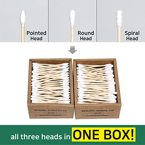 [3-in-1] 400 pcs Bamboo Cotton Swabs - 대나무 면봉, 더블 팁, 친환경 - Round & Pointed & Spiral Double tips - 100% Biodegradable Organic wooden stick, Plastic-Free, Eco-friendly by Yplus