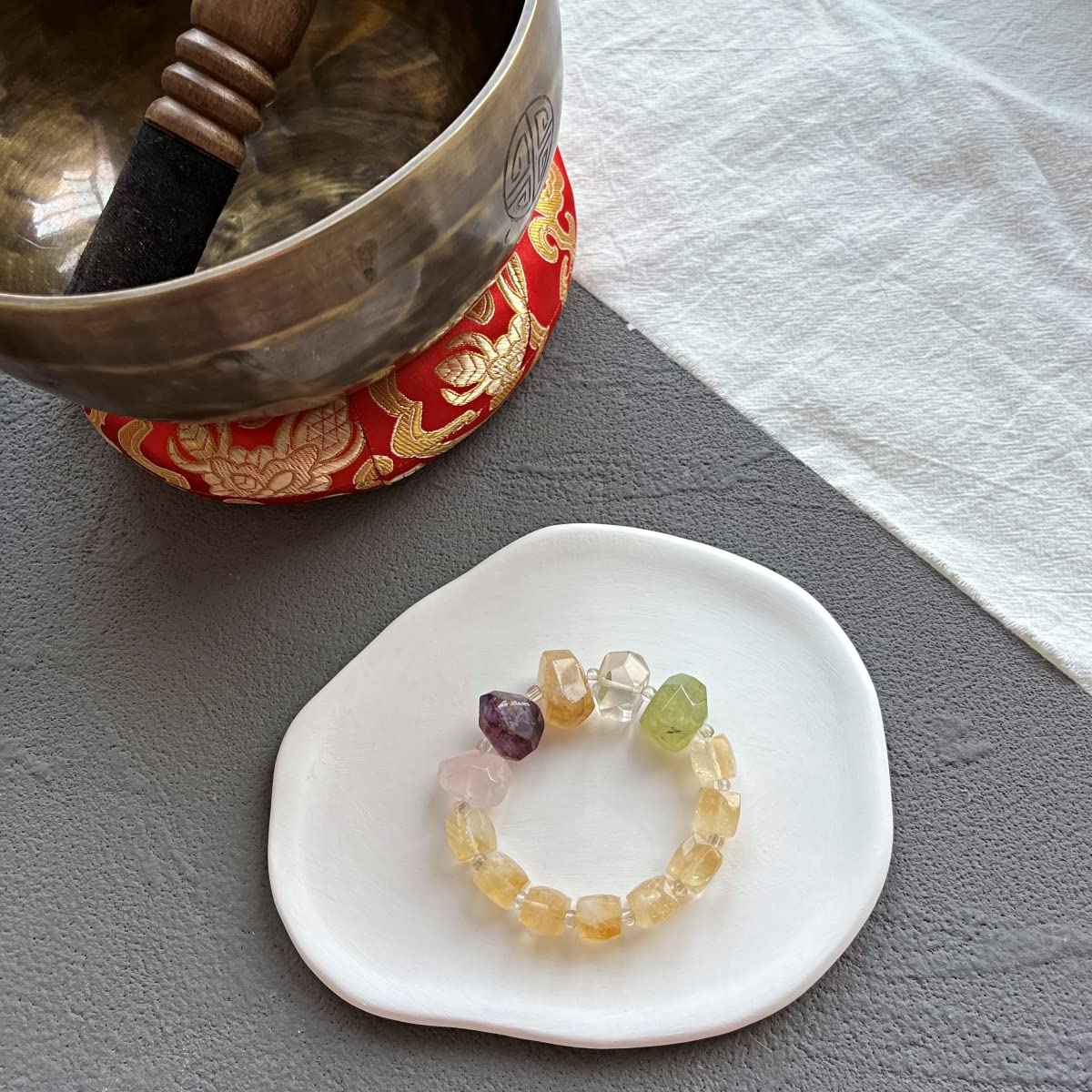 [Amber Crystal]Healing Natural Raw Stone Prehnite Cube Citrine Amethyst Crystal Stretch Bracelet, 6inch(Wrist Circumference)