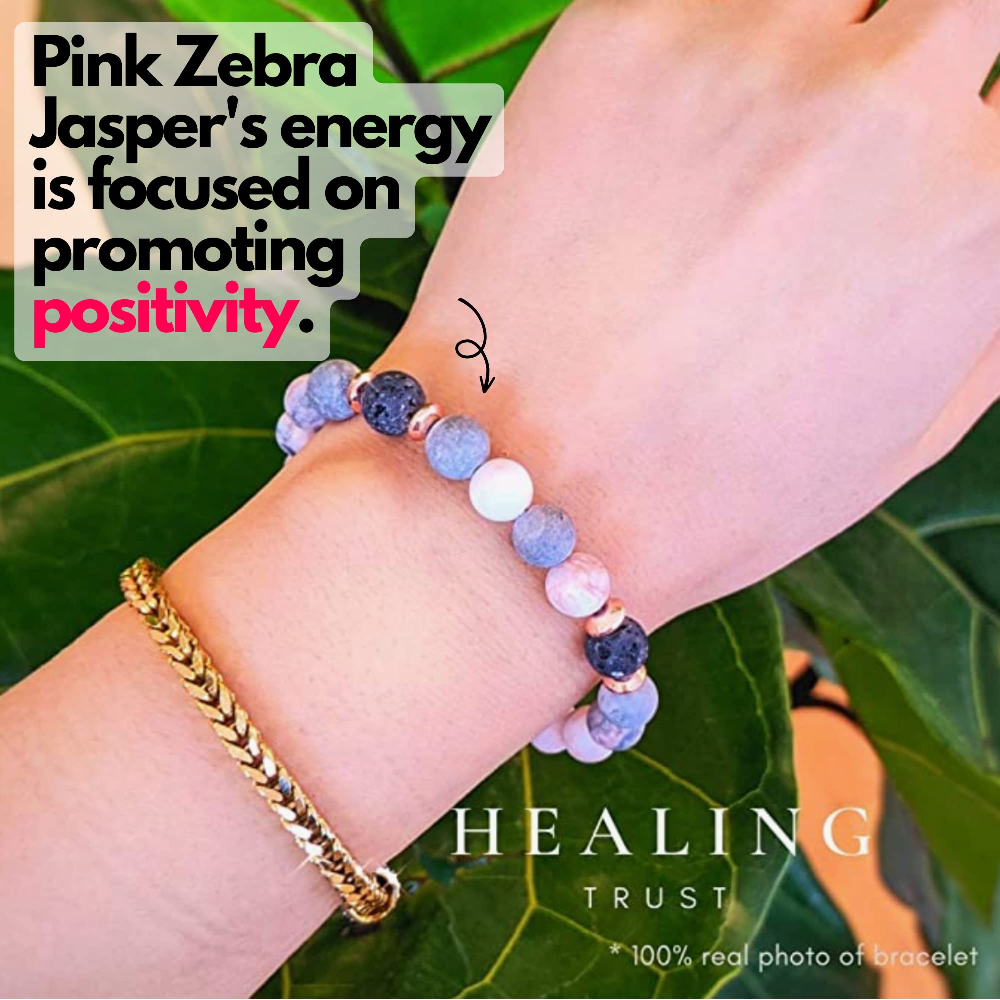 [Healing Trust] Lava Rock Bracelet with Lavender Essential Oil, Pink Zebra Jasper Essential Oil Diffuser Bracelet, Yoga Mediation Bracelet Stone Diffuser, pink zebra jasper, lava stone