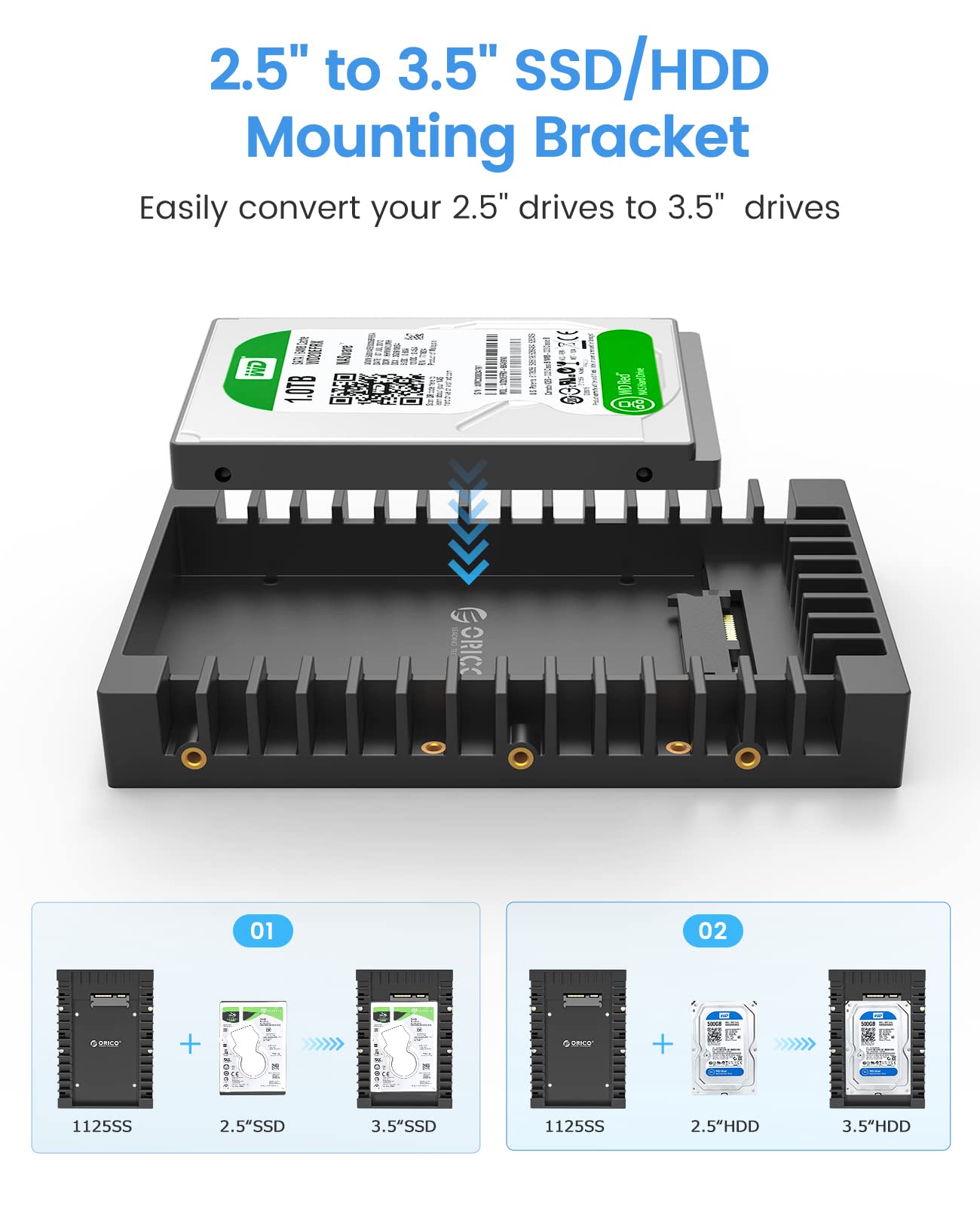 [5Packs] ORICO 2.5 SSD SATA to 3.5 Hard Drive Adapter Internal Drive Bay Converter Mounting Bracket Caddy Tray for 7 / 9.5 / 12.5mm 2.5 inch HDD / SSD with SATA III Interface(1125SS-5)