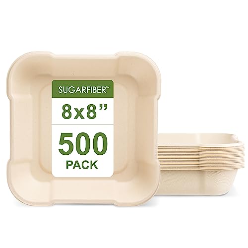 [500 COUNT]Harvest Pack 8" x 8" Compostable Disposable Food Trays, Eco-Friendly Square Serving Container Made From Plant Fibers Meal Prep Takeout Dinnerware Plates Catering