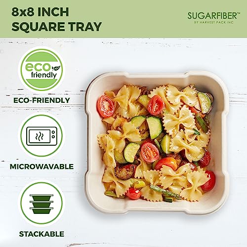 [500 COUNT]Harvest Pack 8" x 8" Compostable Disposable Food Trays, Eco-Friendly Square Serving Container Made From Plant Fibers Meal Prep Takeout Dinnerware Plates Catering