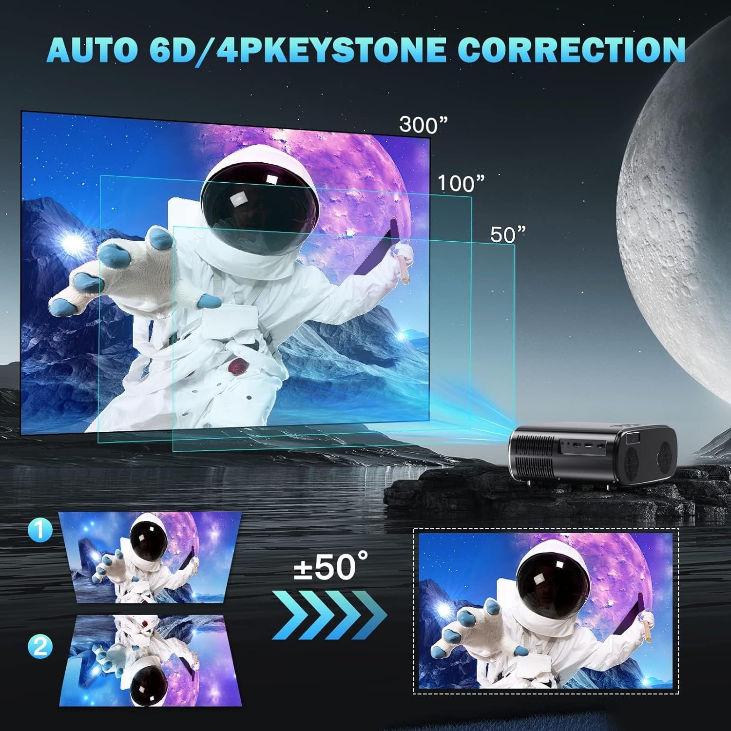 [Auto Focus] Projector with WiFi-6 and Bluetooth 5.2, 680 ANSI Outdoor Projector 4K, Goiaey Native 1080P Movie Video Projector, Auto 6D Keystone & 50% Zoom, Smart Home Projector for Phone/PC/TV Stick